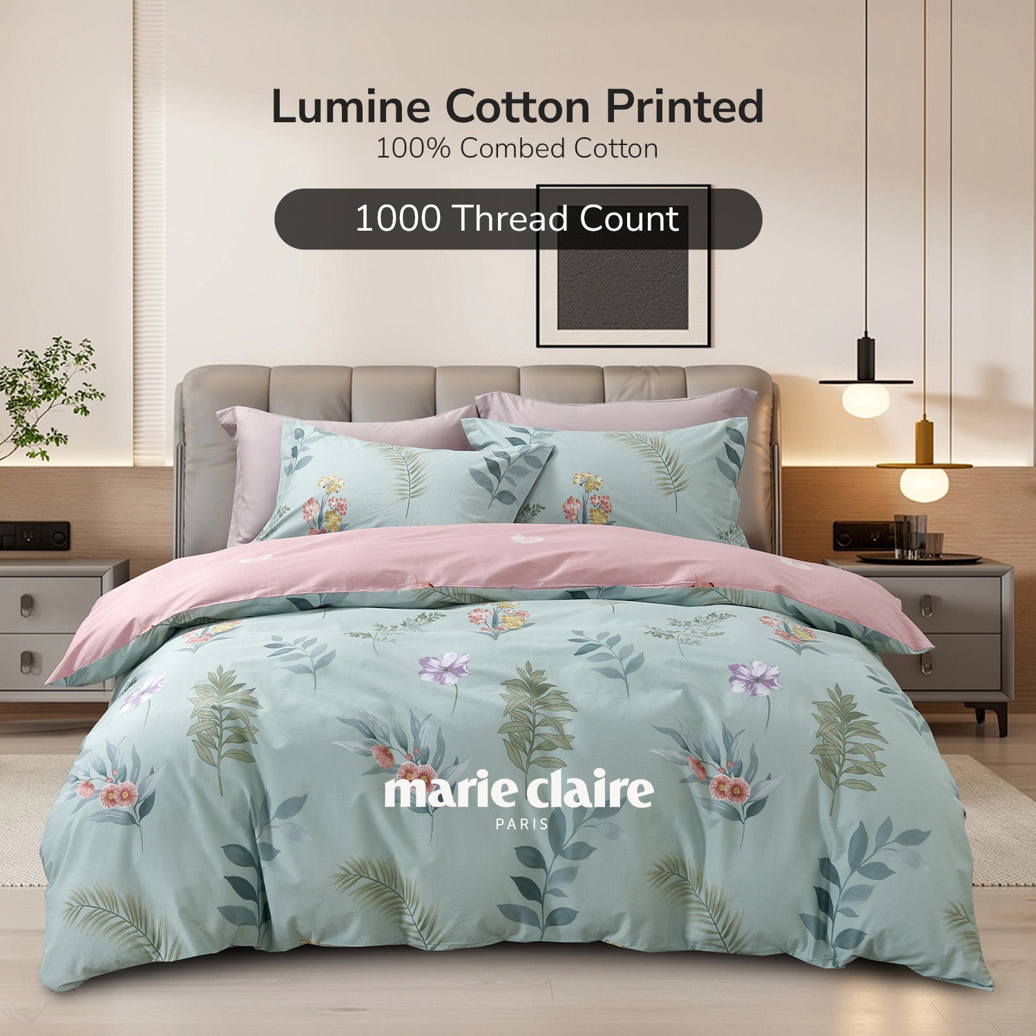 Marie Claire Lumine Printed 100% Combed Cotton 1000TC | Fitted Sheet S – Intero Enterprise Pte Ltd